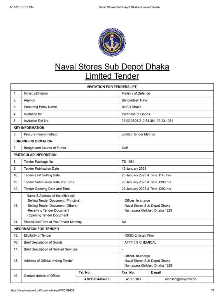 Naval Stores Sub Depot Dhaka - Limited Tender | PDF