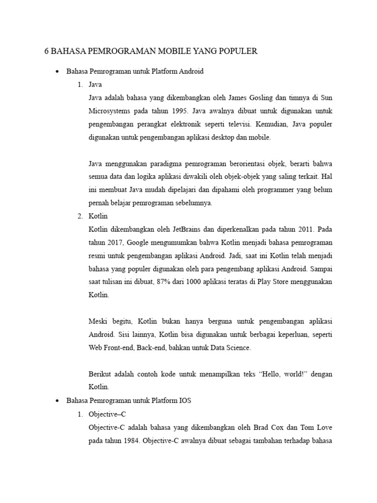 6 Bahasa Pemrograman Mobile Yang Populer | PDF