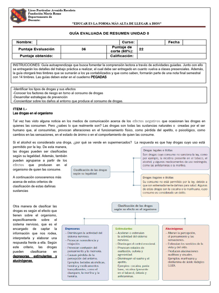 Guía Evaluada Resumen Unidad 0 7 Básico CCNN | PDF | Drogas | La dependencia de sustancias