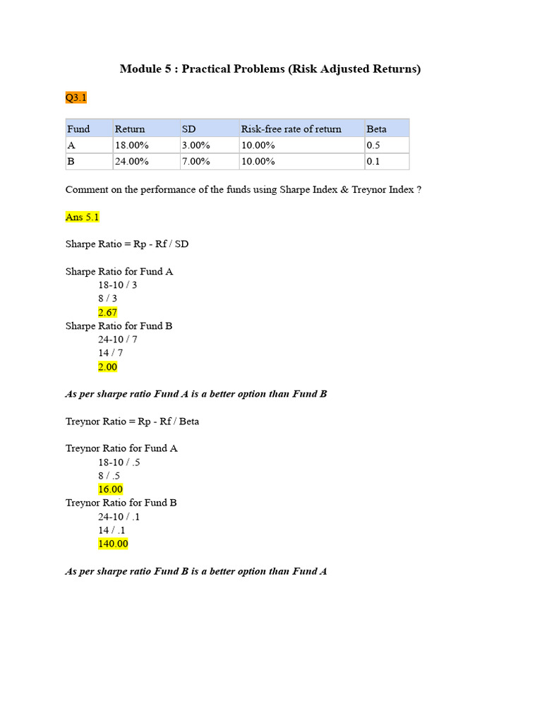 Module 5: Practical Problems (Risk Adjusted Returns) : As Per Sharpe Ratio Fund A Is A Better ...