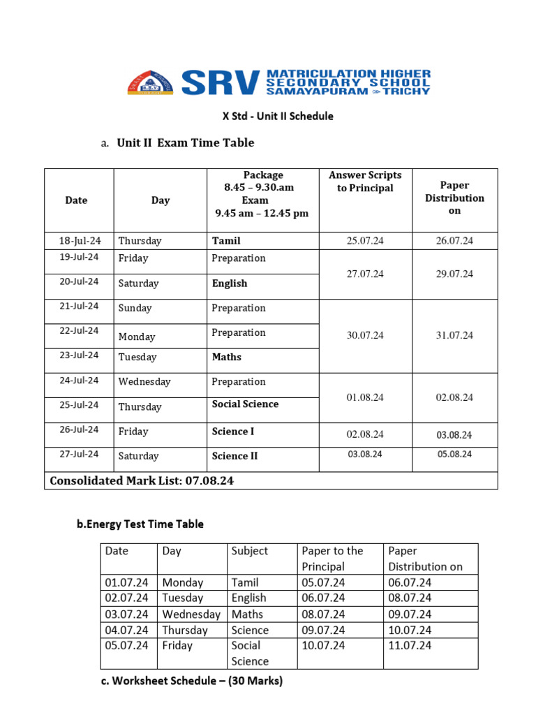 X STD Unit II Exam TT | PDF