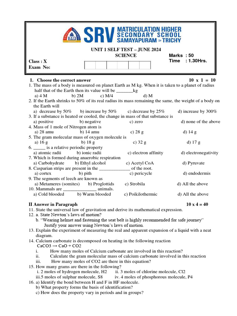m10 Unit1 Selt Test Science Final | PDF | Molecules | Mole (Unit)