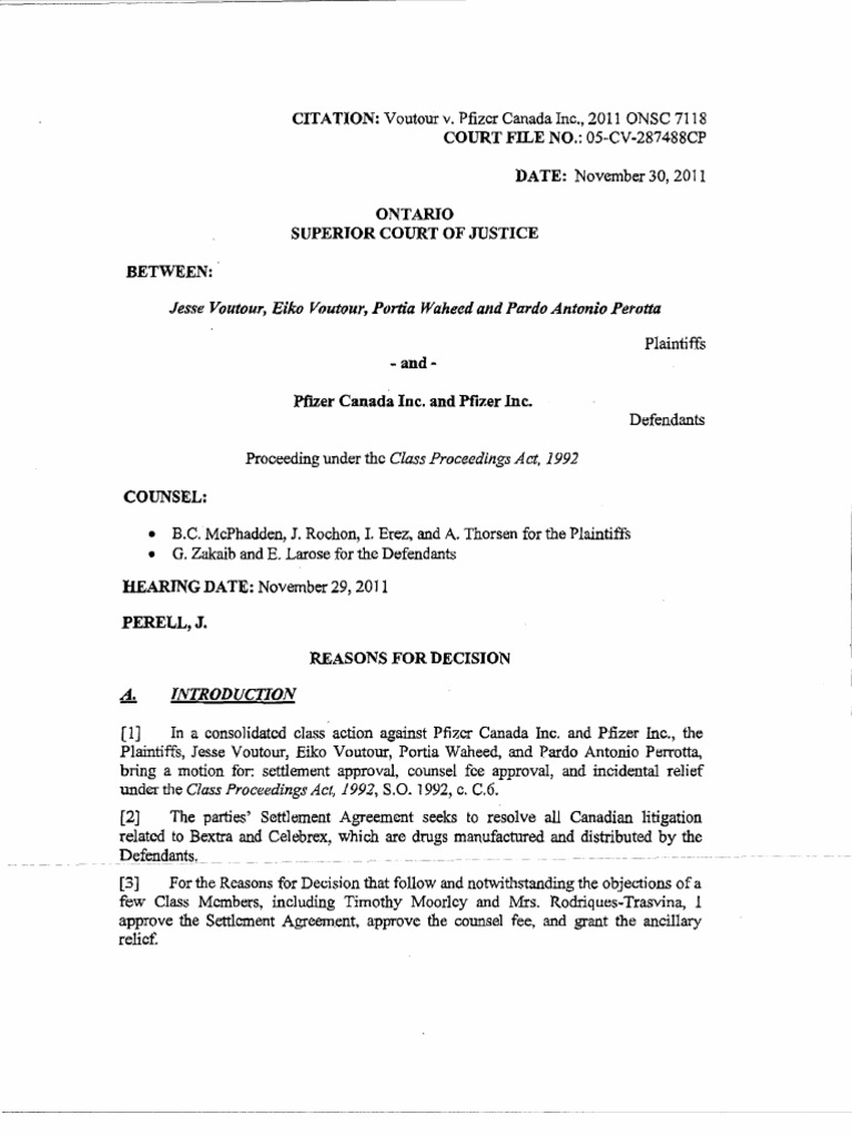 Voutour v. Pfizer Canada Inc. - Settlement | PDF | Class Action | Lawsuit