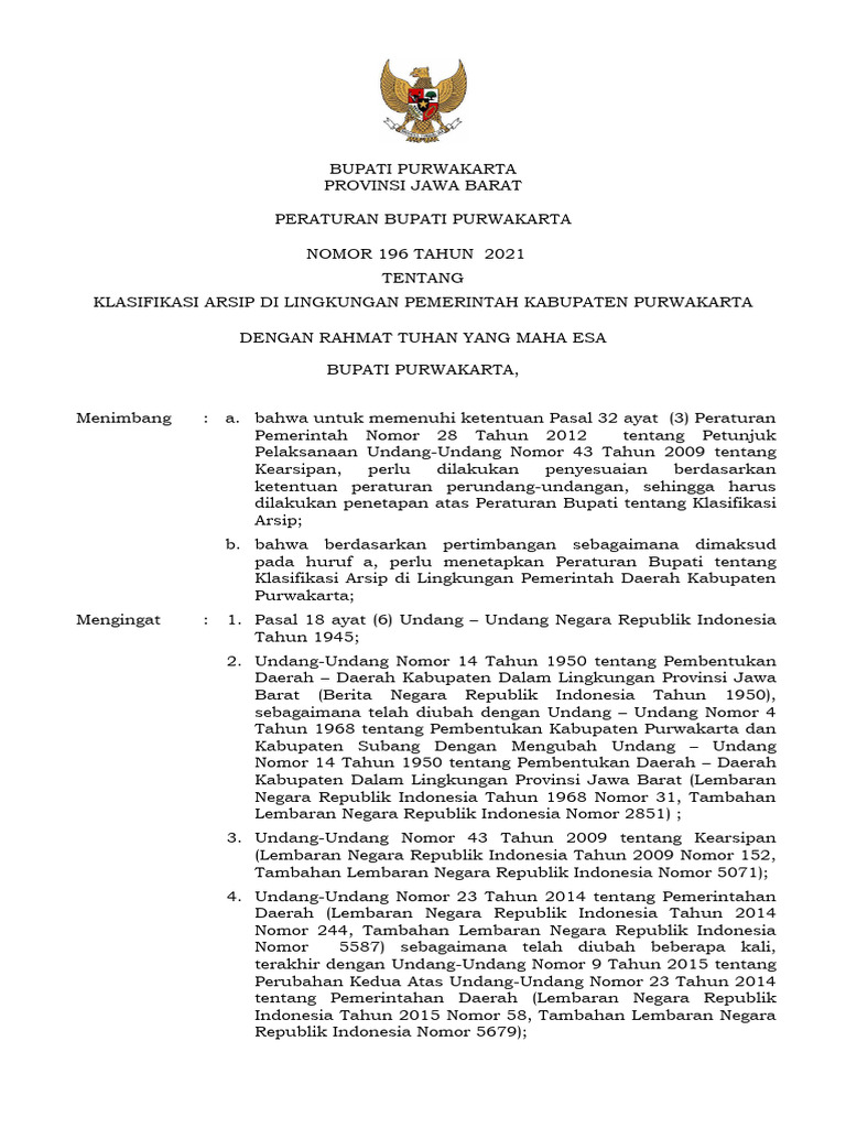 Perbup No. 196 Tahun 2021 Tentang Klasifikasi Arsip (Anri) Fix (KPG Dan PSM) | PDF