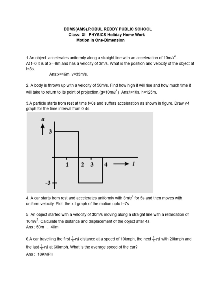 PHYSICS XI 1D Motion .Holiday Home Work | PDF | Acceleration | Velocity