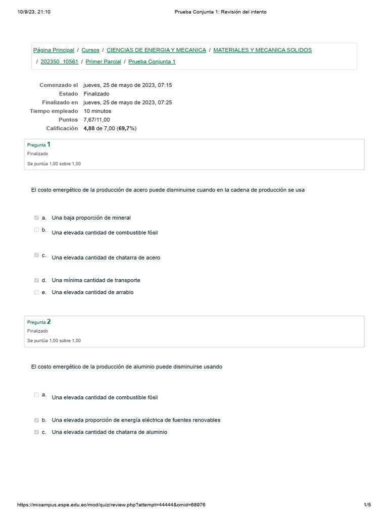 Prueba Conjunta 1 - Revisión Del Intento | PDF | Rieles | Redox