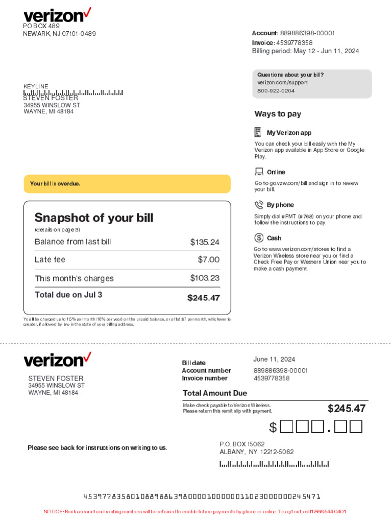 Verizon Bill P00751SFM | PDF | Fee | Cheque