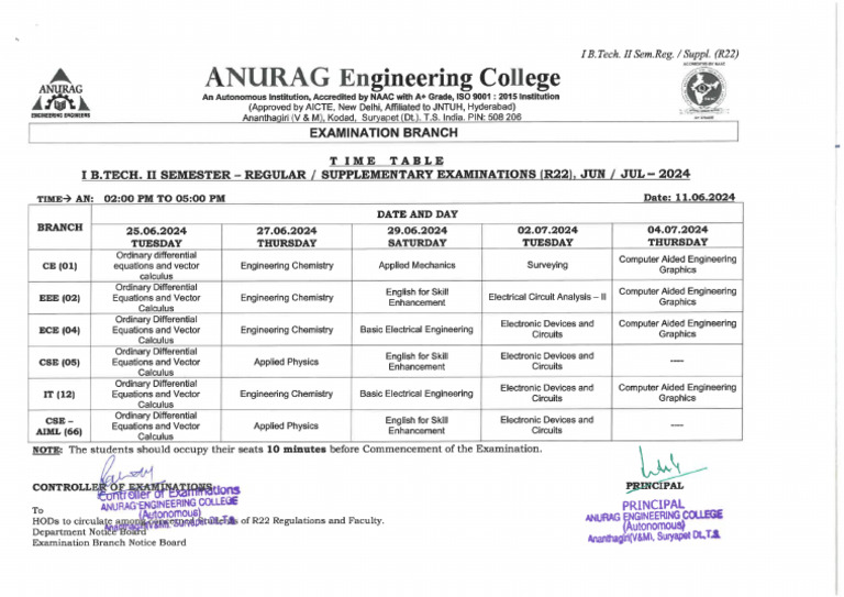 R22 I B.Tech II Sem Regular - Supply - TimeTable - June 2024 | PDF
