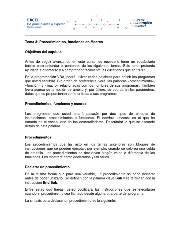 Curso de Excel Avanzado -Tema 3 Procedimientos, funciones en Macros | PDF | Macro (informática ...