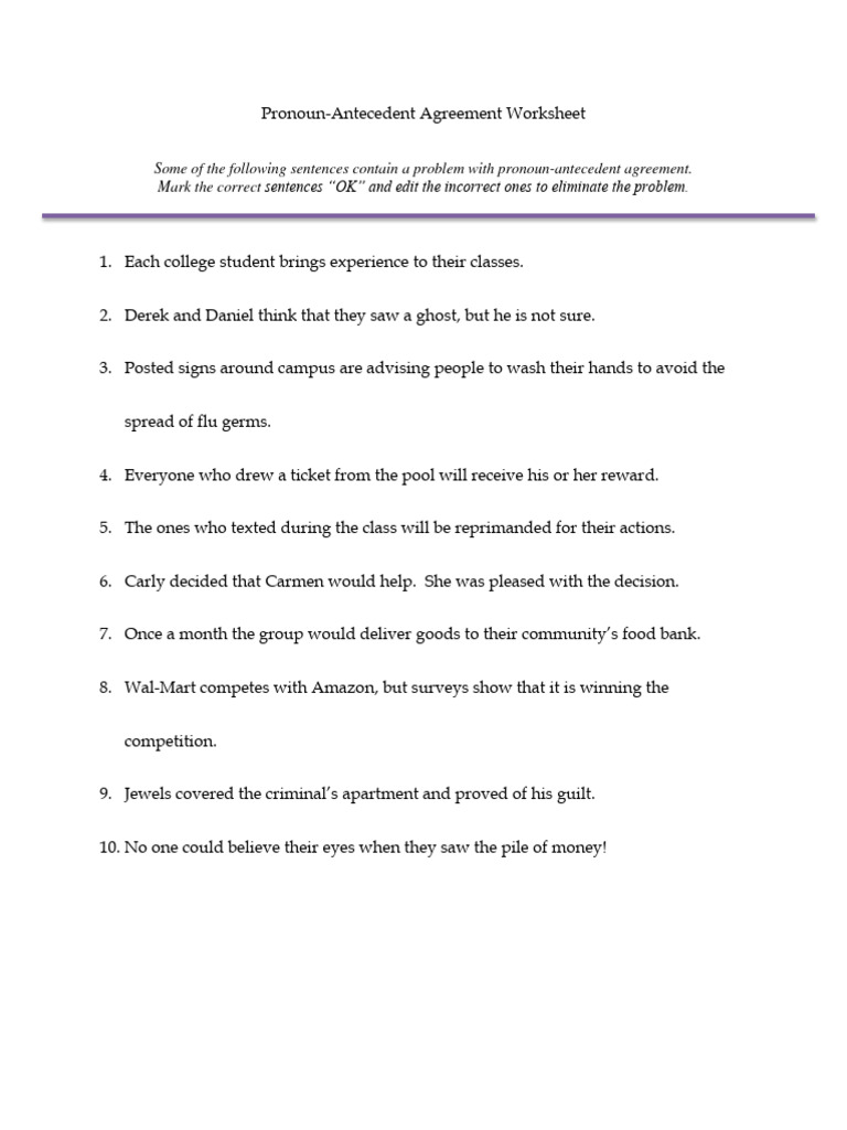Pronoun Antecedent Agreement Worksheet | PDF