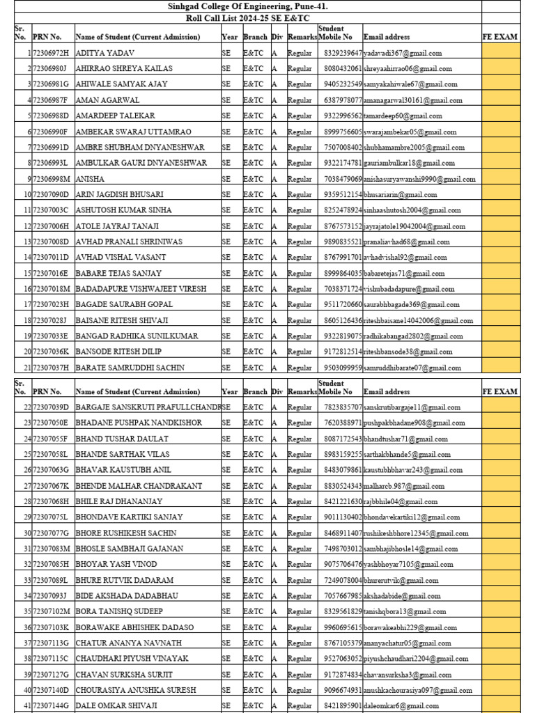 E - TC Dept Student List 2024-25 | PDF
