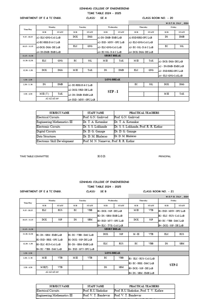E&TC Engineering Time Table 2024-2025 | PDF | Electrical Engineering | Computer Engineering