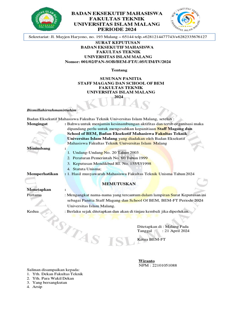 Sk-Staff Magang & Sob 2024 | PDF
