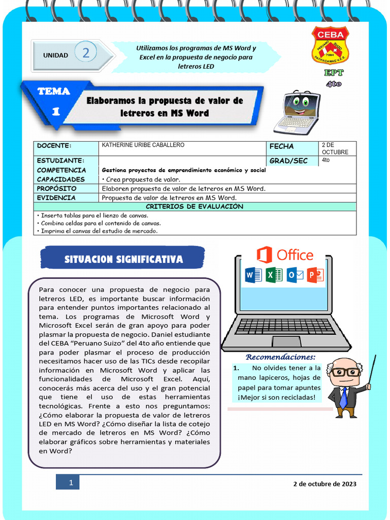 Ficha de Actividad Ept 4°-Semana 1 - Unidad 2 | PDF | Microsoft Excel | Microsoft