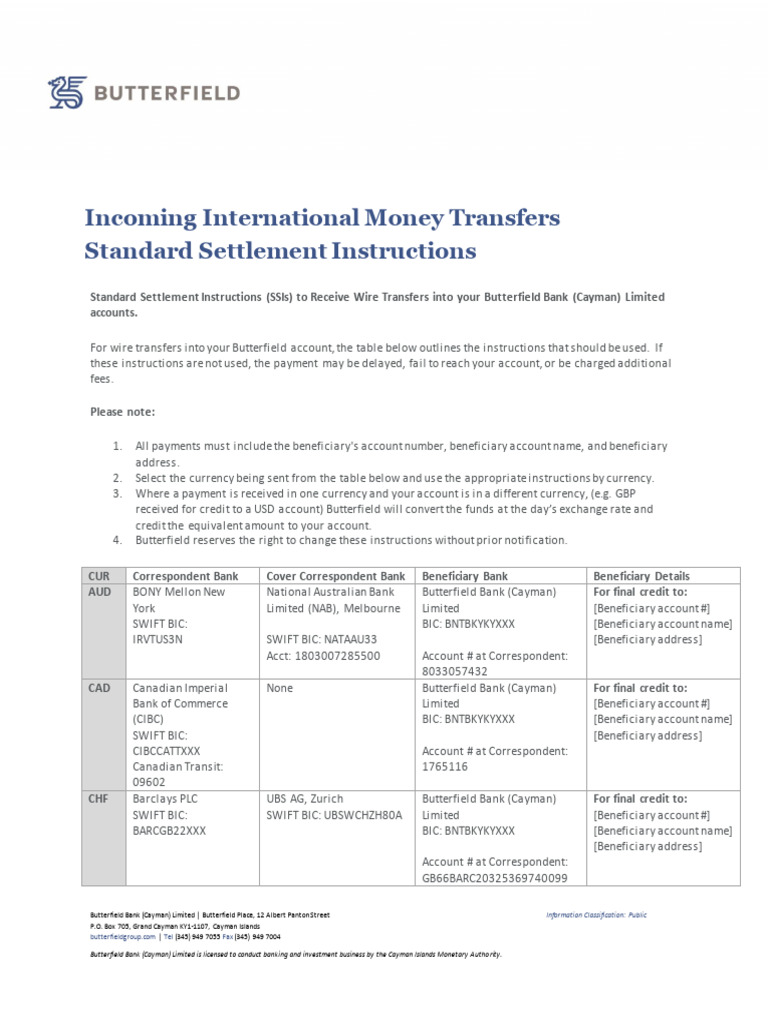 CAYMAN Standard Settlement Instructions | PDF | Wire Transfer ...