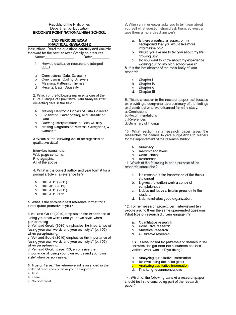 4TH QUARTER EXAM | PDF | Methodology | Qualitative Research