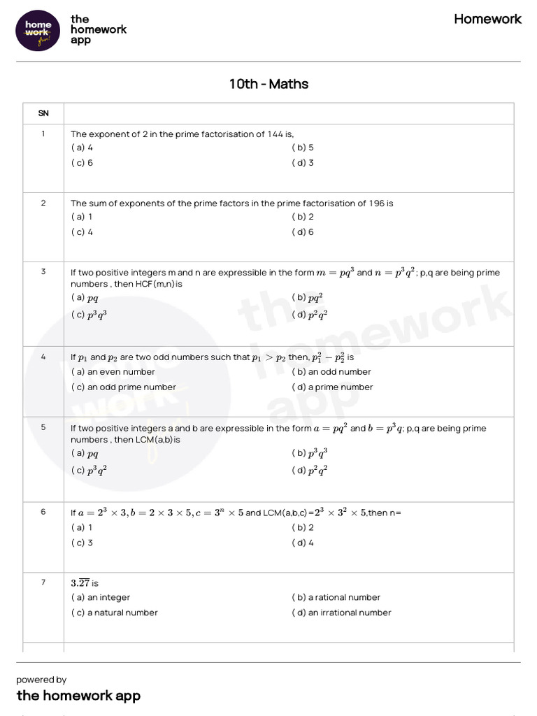 Questions - Homework - 10th - Maths - 2024-07-05T06 - 39 | PDF | Numbers | Mathematical Objects