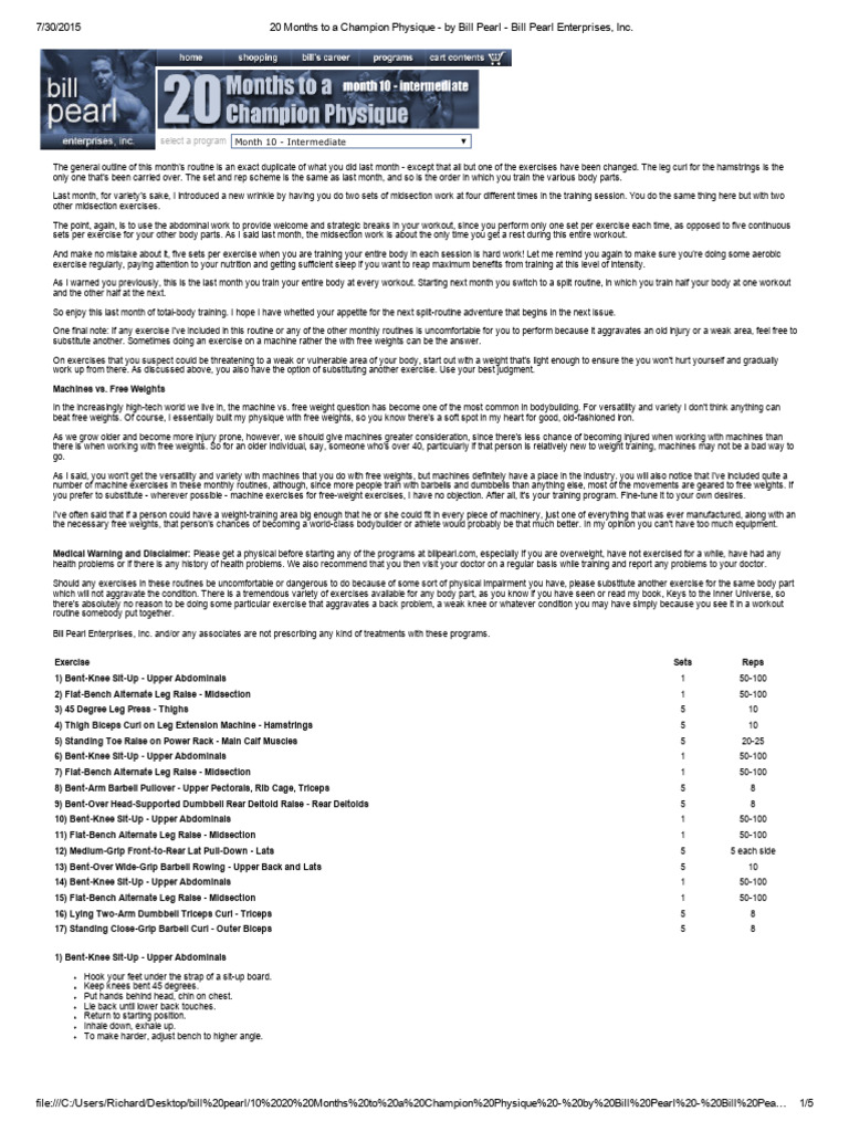 Bill Pearl's 20-Month Workout Guide | PDF | Arm | Strength Training