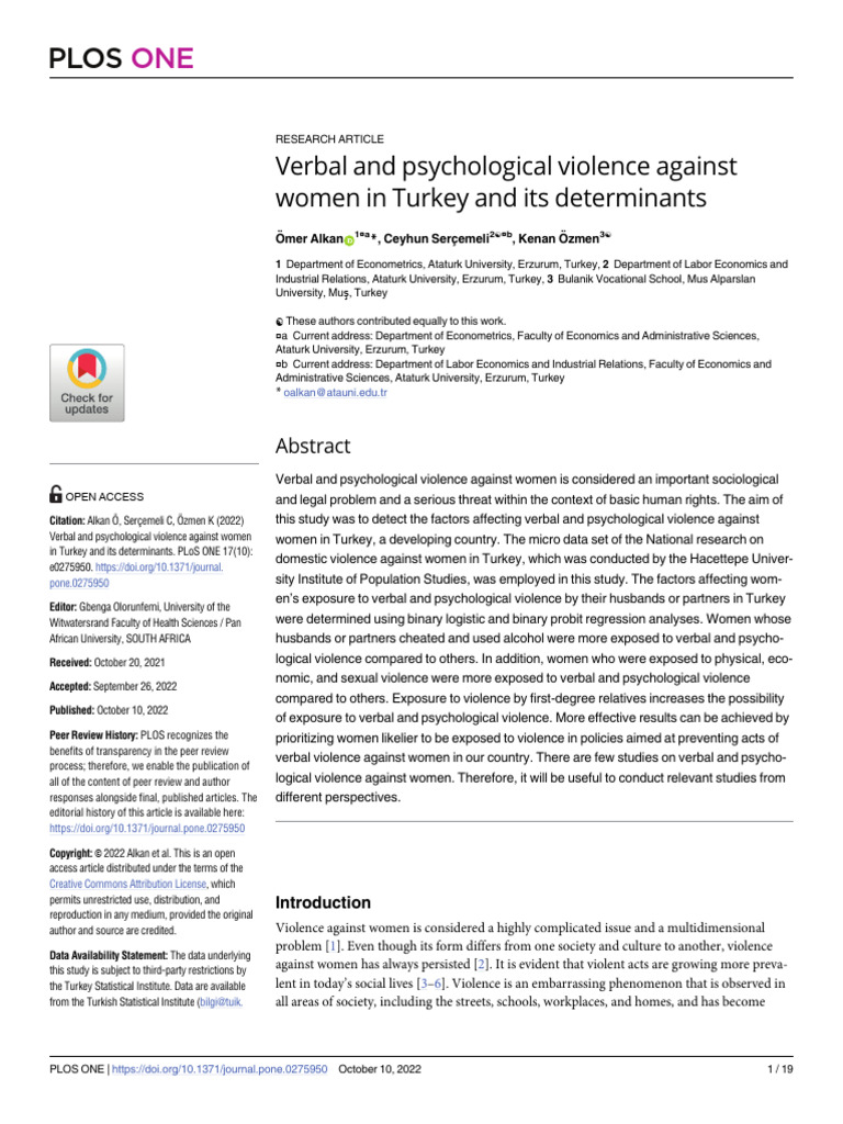 Journal Pone 0275950 | PDF | Violence | Categorical Variable