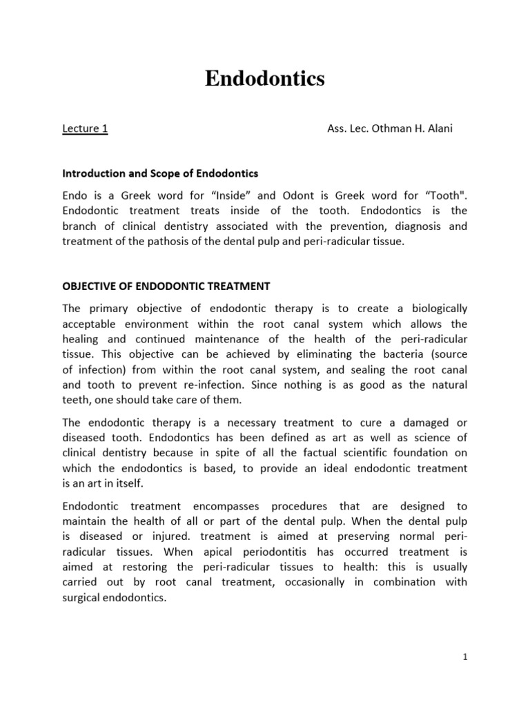 Lec 10 Introduction and Scope of Endodontics | PDF | Human Tooth | Tooth