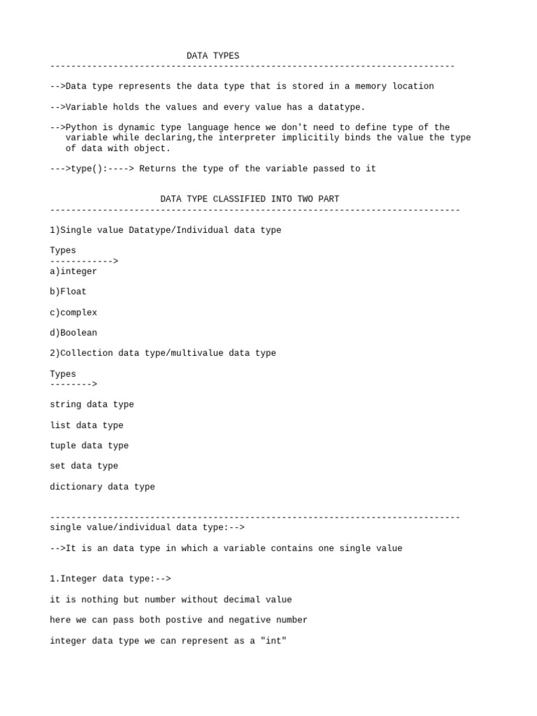 DATA TYPES day 1 notes | Download Free PDF | Data Type | Integer ...