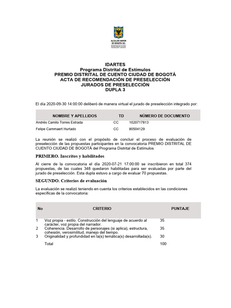 Acta 3 Recomendación Premio Distrital de Cuento (2020) | PDF | Pandemia | Epidemias