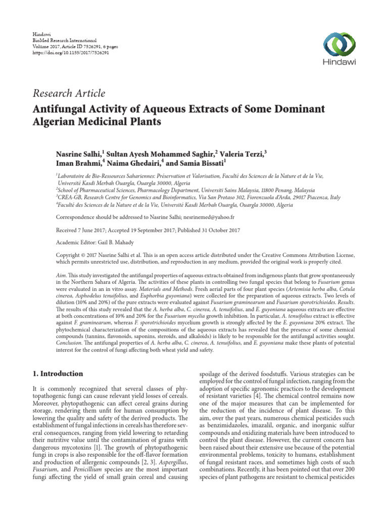 Antifungal Activity of Aqueous Extracts of Some Dominant Algerian Medicinal Plants-PRINTED | PDF ...