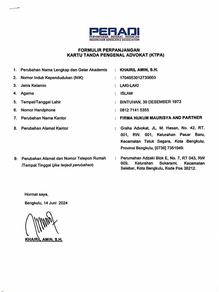 Formulir Perpanjangan KTPA Khairil Amin | PDF