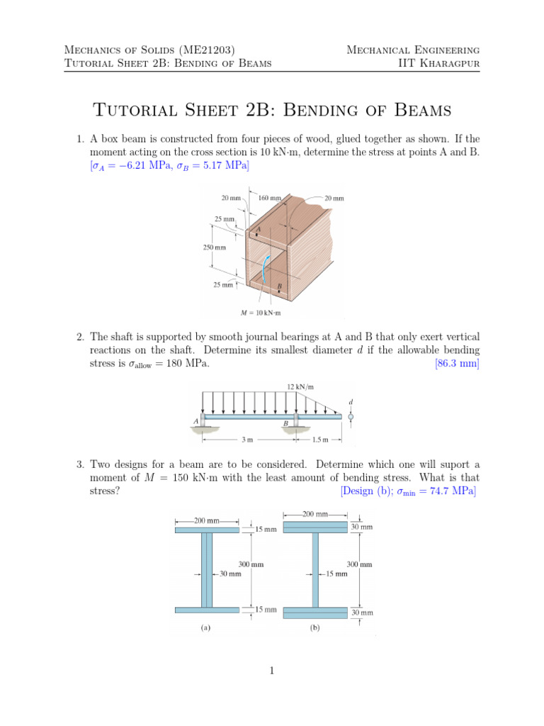 Tutorial Sheet 2B: Bending Of Beams: (Σ = −6.21 Mpa, Σ = 5.17 Mpa) | PDF | Beam (Structure ...