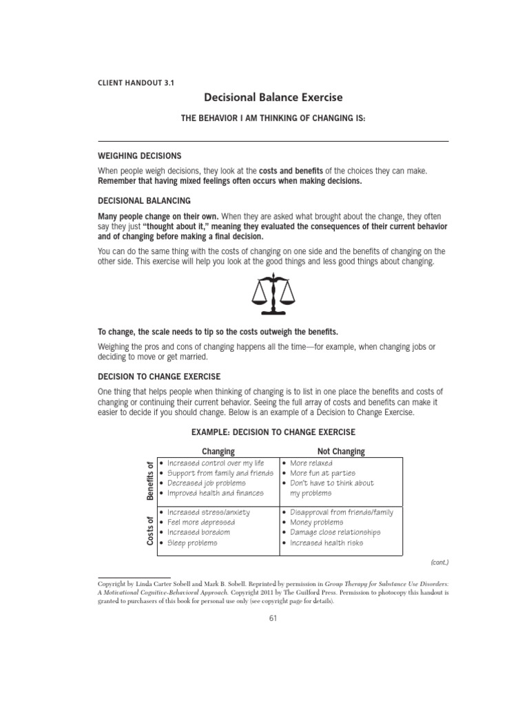 decisional balance exercise | PDF | Behavioural Sciences | Psychology