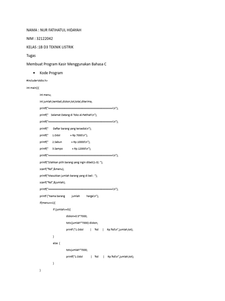 Tugas Program Kasir Nur Fatihatul Hidayah | PDF