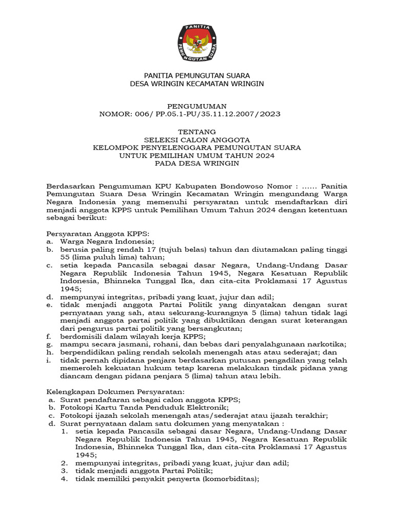 Pengumuman Pps Pendaftaran Kpps Fix | PDF