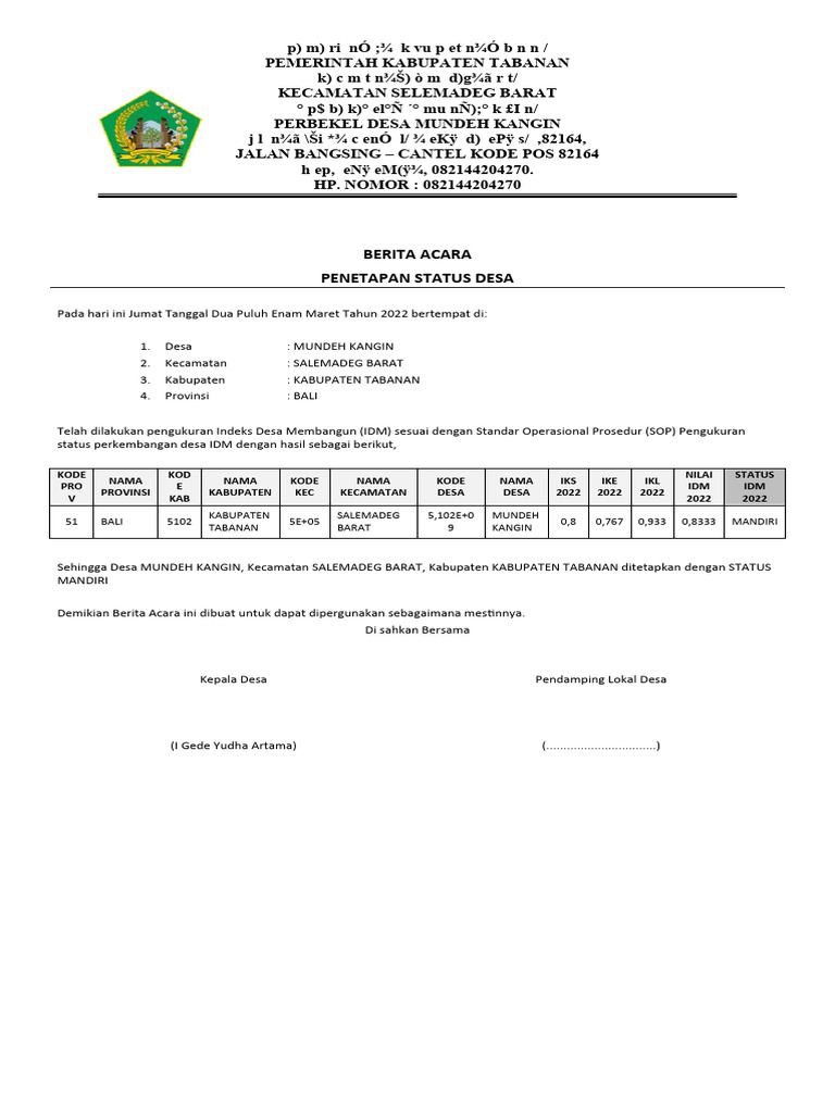 B.A Setatus Desa Mundeh Kangin 2022 | PDF
