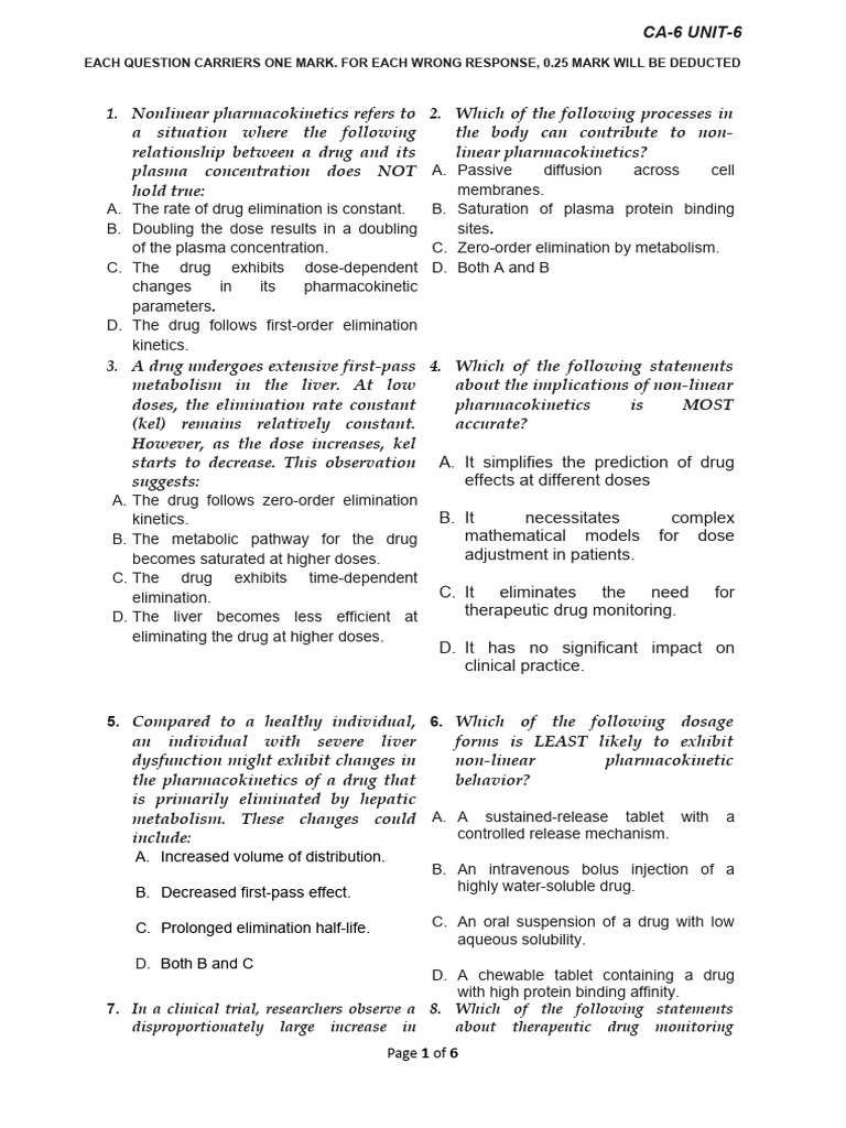 30 MCQ Unit-6 QP | PDF | Pharmacokinetics | Enzyme Inhibitor 30 MCQ Unit-6 QP | PDF | Pharmacokinetics | Enzyme Inhibitor