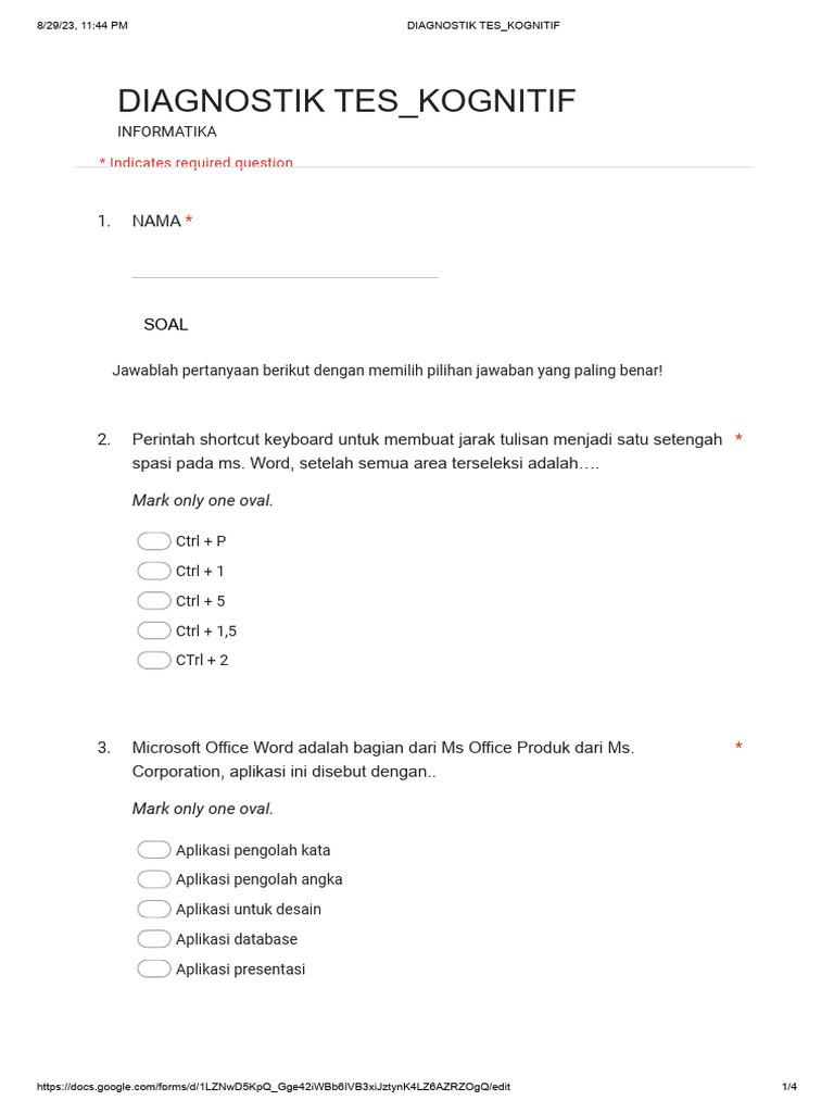 DIAGNOSTIK TES - Google Forms | PDF