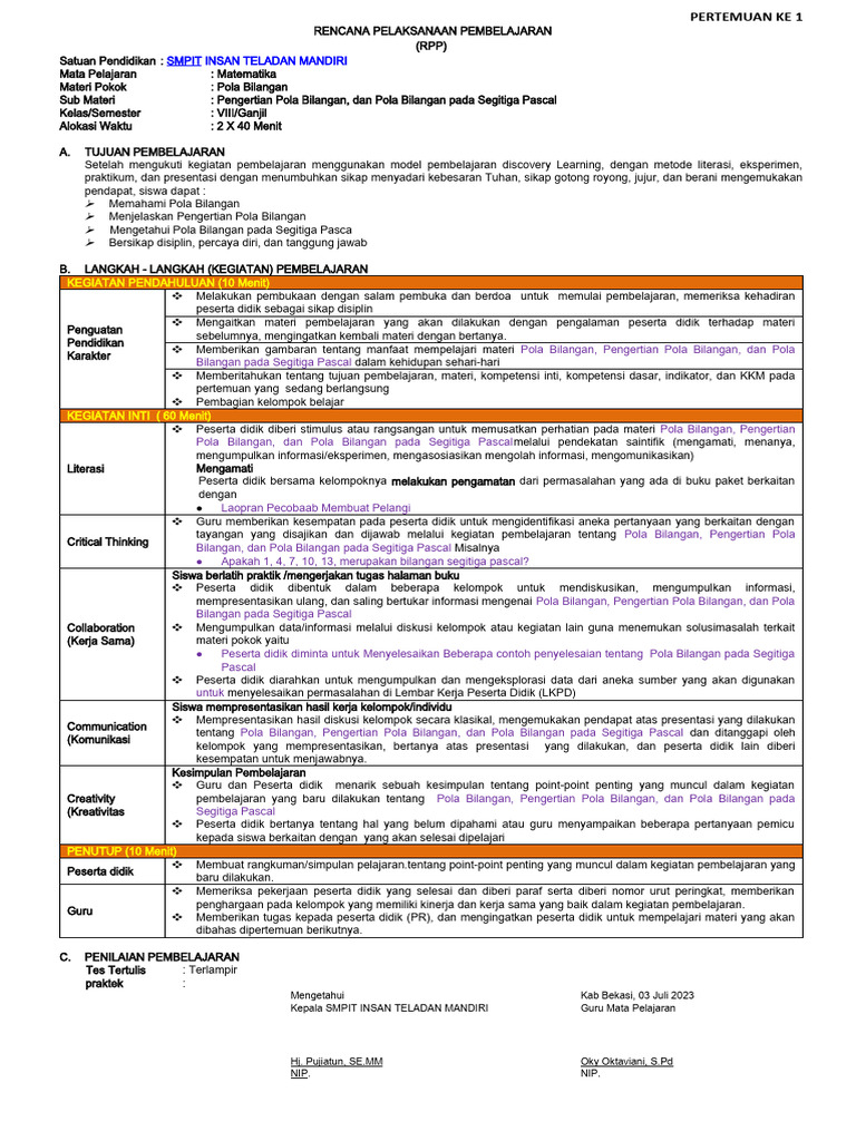 RPP KLS 8 Pertemuan 1 POLA BILANGAN | PDF | Karier & Perkembangan