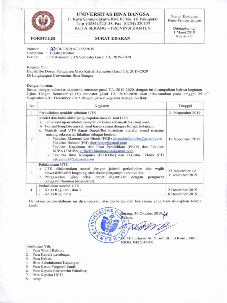 SE Pelaksanaan UTS Gasal 2019-1 To Dosen | PDF