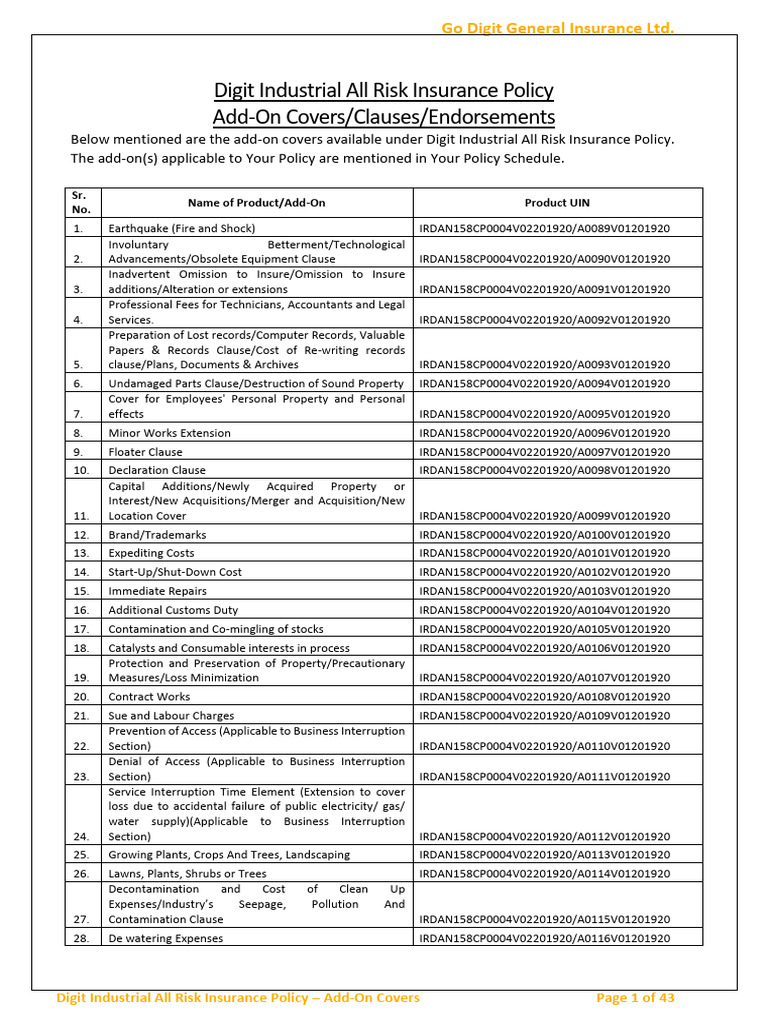 Industrial All Risk - Add on Covers | Download Free PDF | Insurance ...