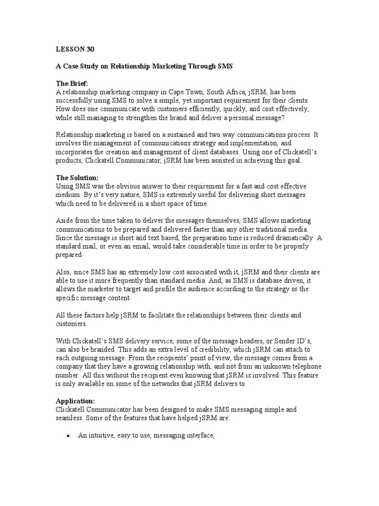 Lesson 30 A Case Study On Relationship Marketing Through SMS The Brief ...