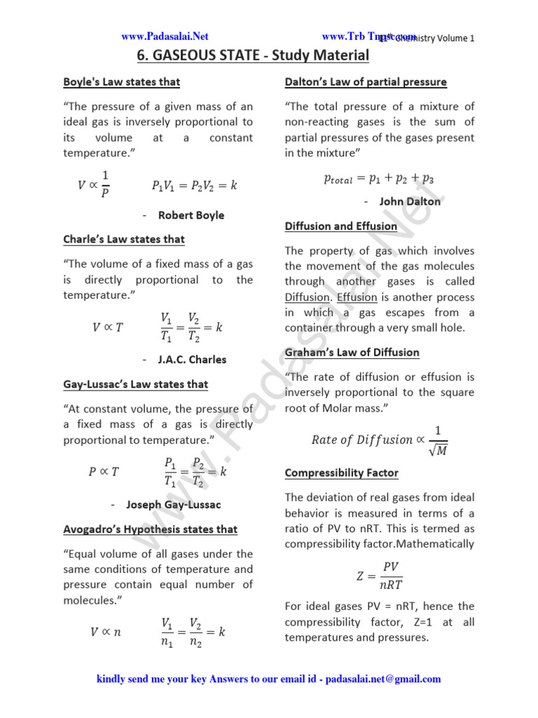 11th Chemistry 6th Lesson Gaseous State Study Material English Medium PDF Download | PDF | Gases ...
