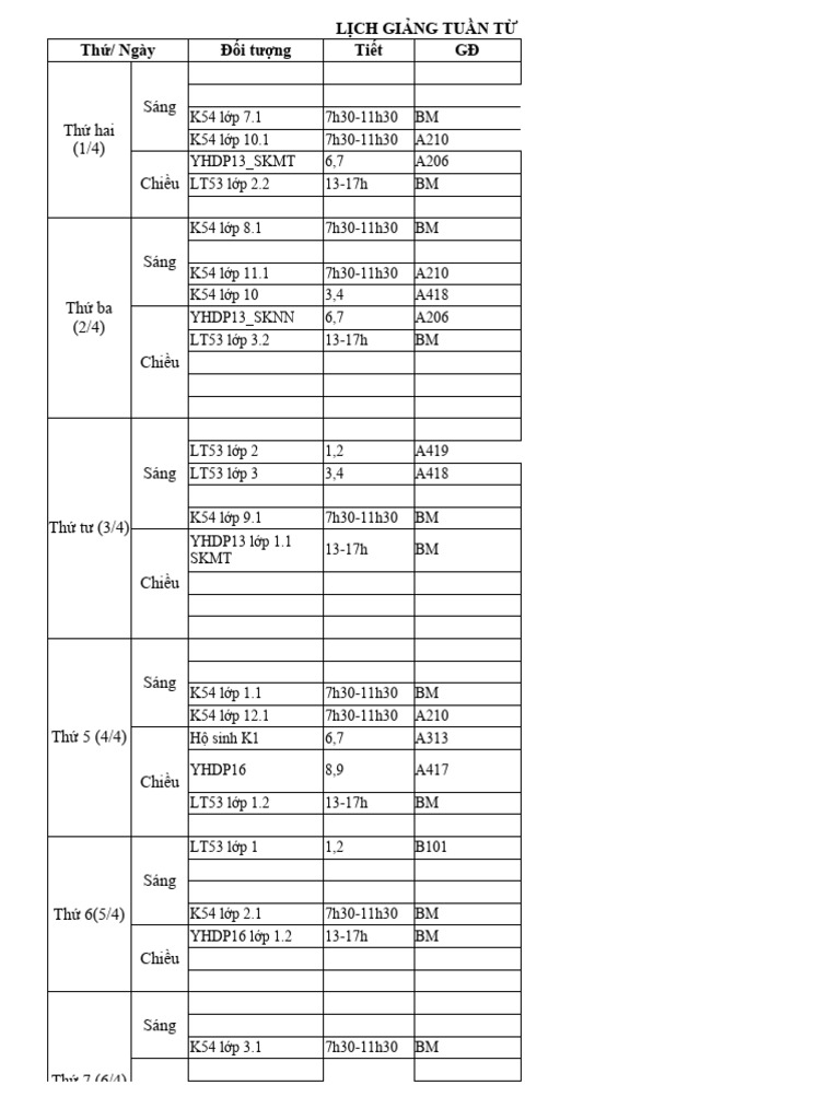 Lich Giang BM SKMT - SKNN Tu 1.4 Den 7.4 Nam 2024 | PDF