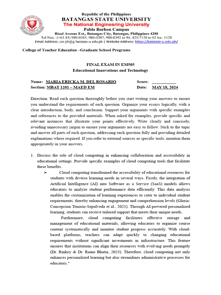 Del Rosario, Maria Ericka M - Fina Exam in Em505 | PDF | Internet Of ...