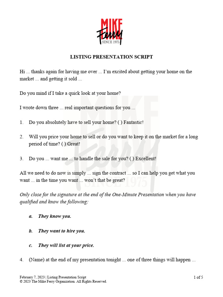 1 Minute Listing Presentation Script | PDF | Prices | Market (Economics)