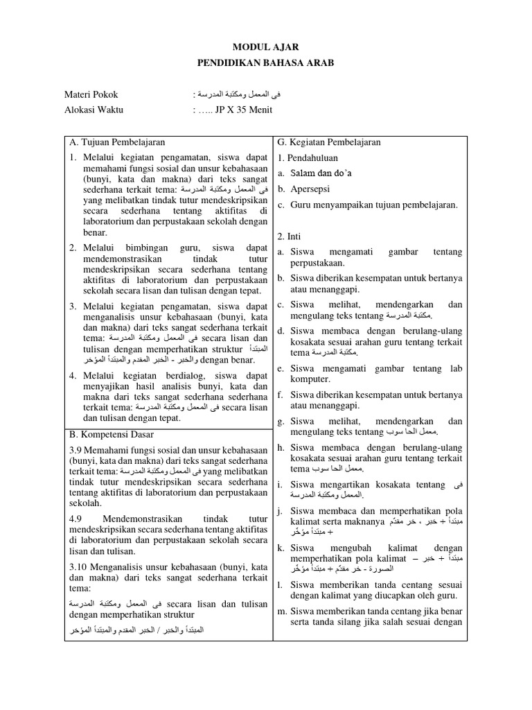MODUL AJAR Bahasa Arab Kelas 5 | PDF | Seni & Disiplin Bahasa