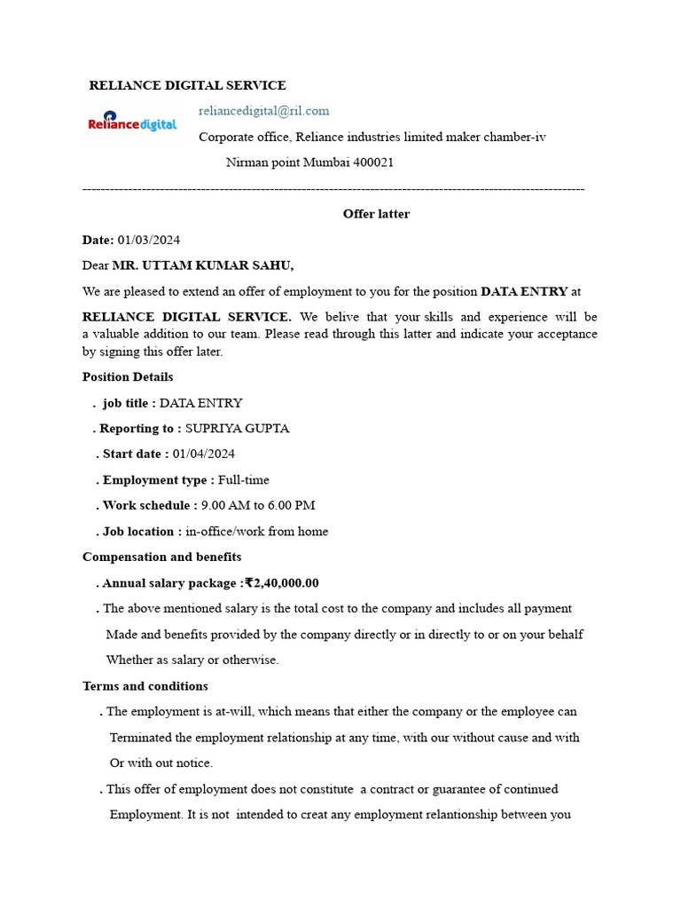 Reliance Digital Job Offer for Data Entry | PDF | Employment | Salary