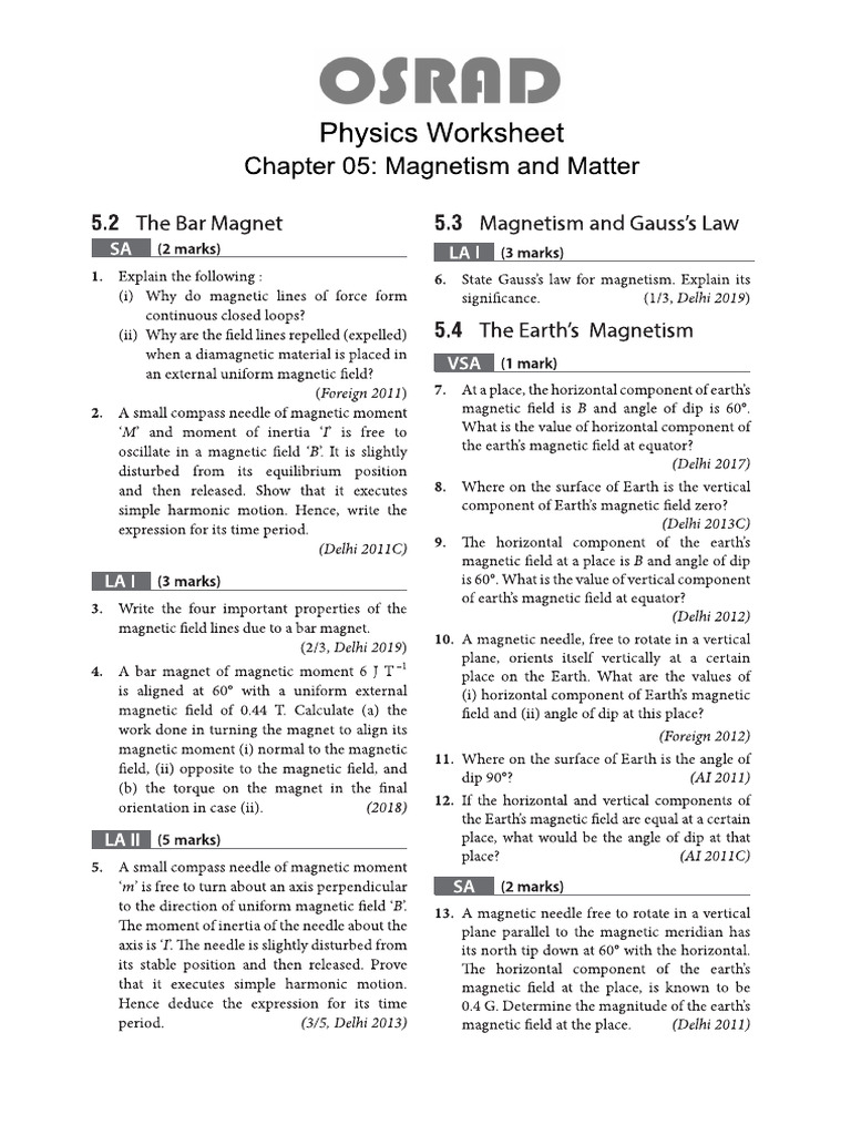 WS-05 - Magnetism and Matter | PDF