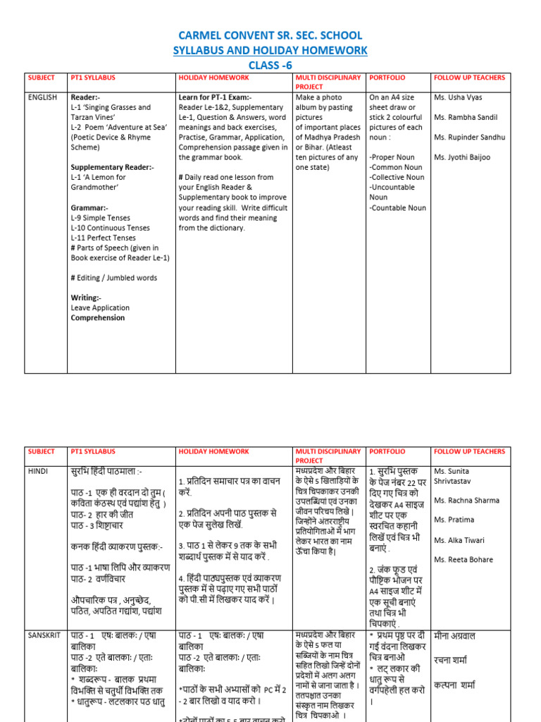 Class 6 Syllabus & Holiday Homework Guide | PDF | Linguistics