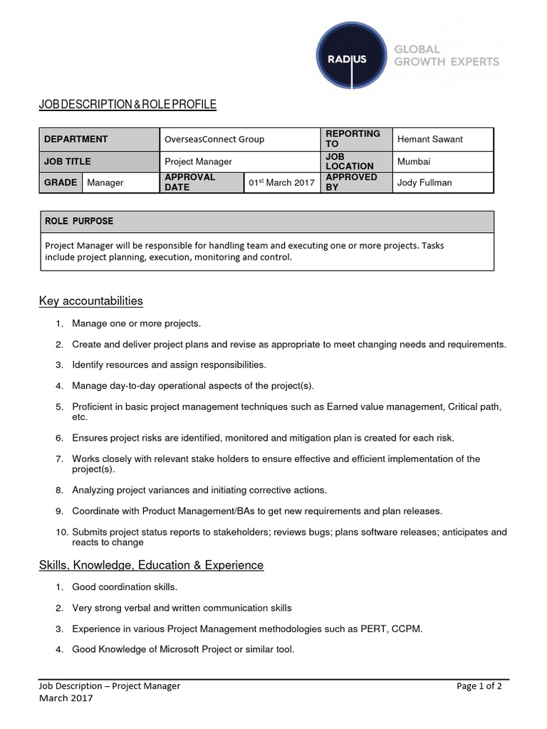 JD - Project Manager Engg | PDF | Project Management | Business