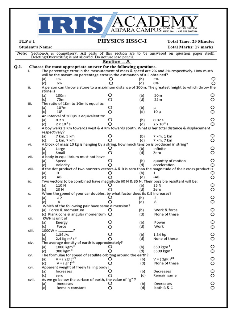 Physics HSSC-I (FLP-I) | PDF | Force | Velocity