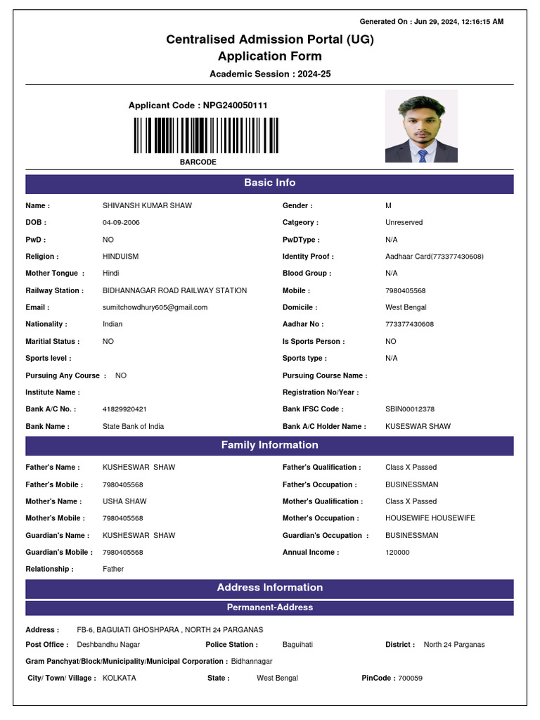 SHIVANSH KUMAR SHAW-Application | PDF | Kolkata